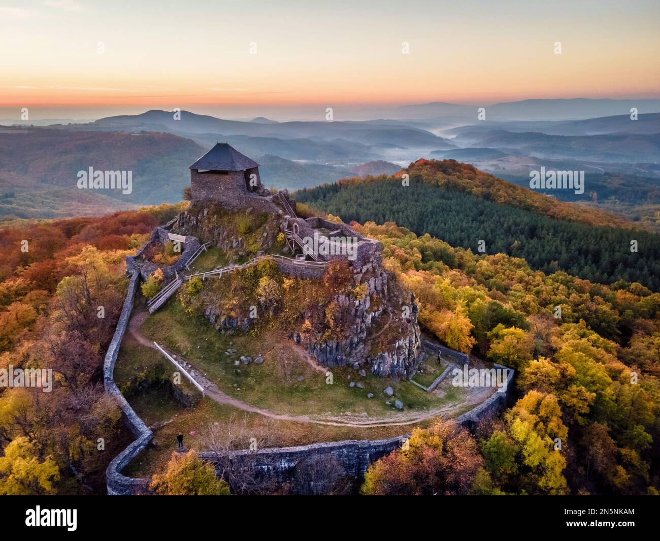 Aerial view of Salgó Castle, located on the 625-meter high volcanic ...