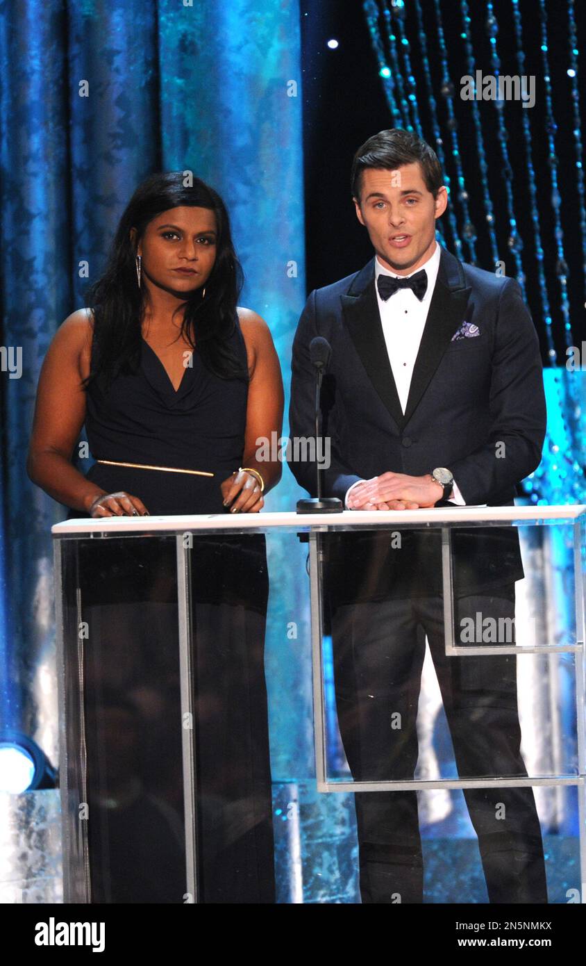 Mindy Kaling, left, and James Marsden speak on stage at the 20th annual ...