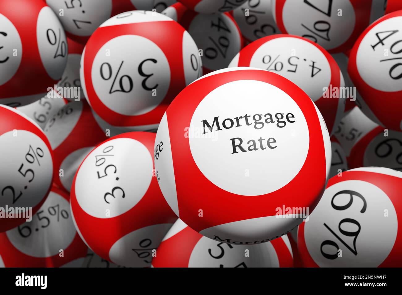 Red lottery balls showing different interest rates. Illustration of the ...