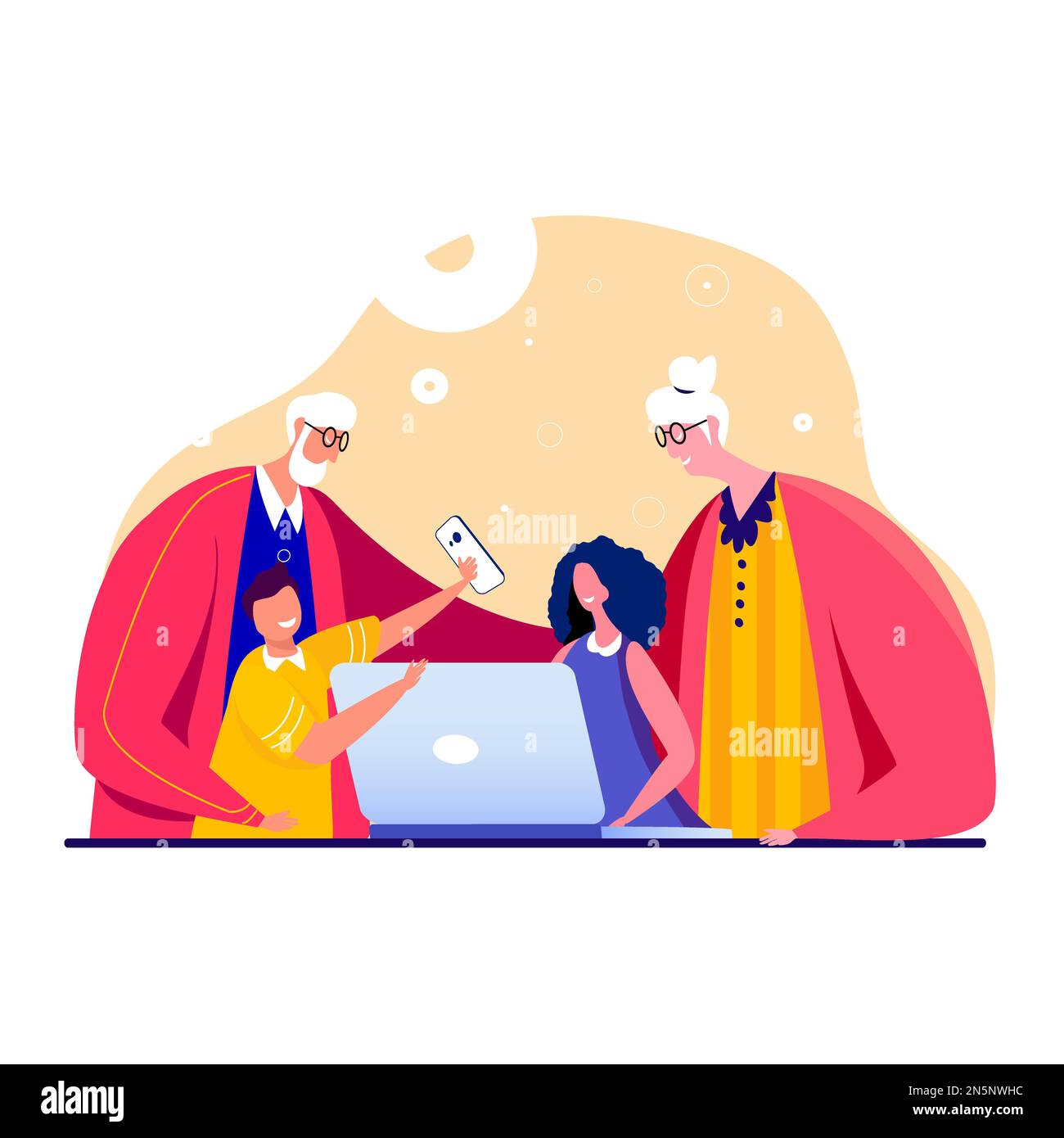 Happy grandchildren surfing the Internet with their grandparents ...