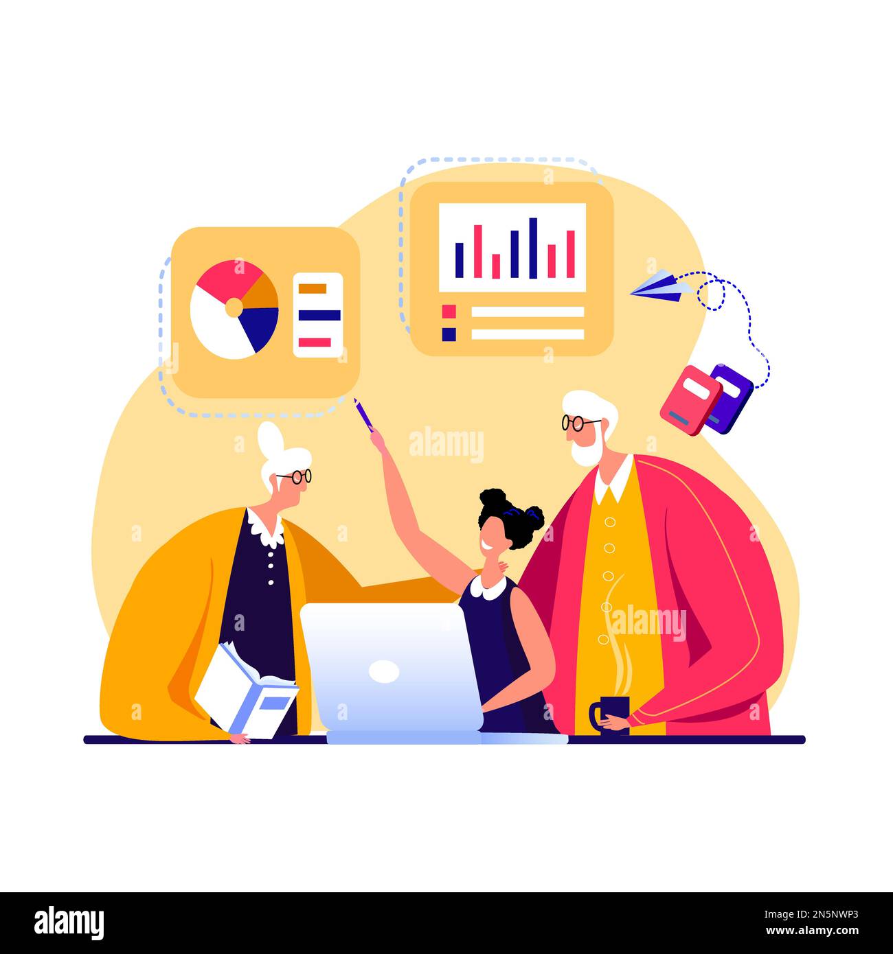 Happy grandchildren students in learning process with their ...