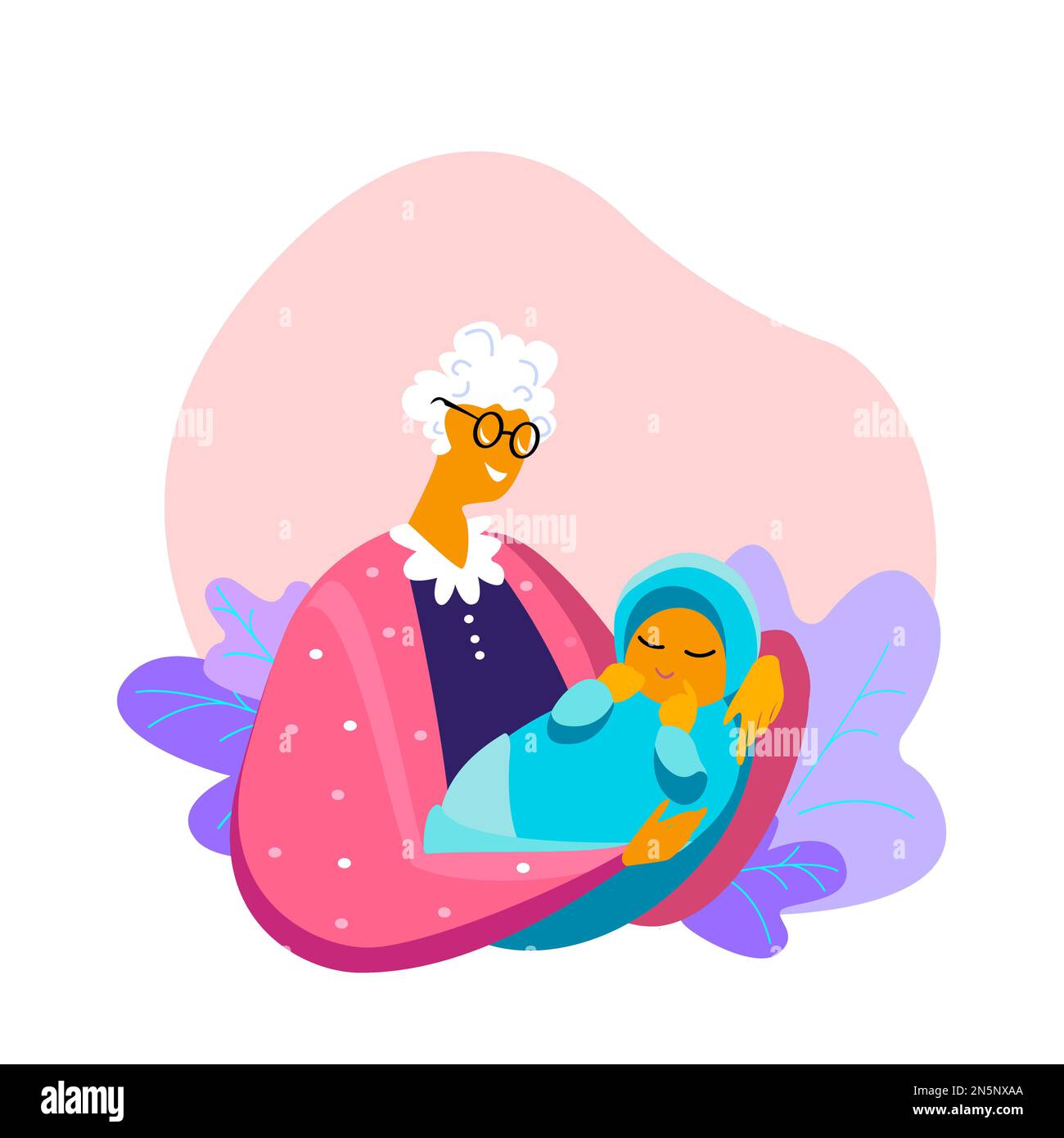 Happy grandmother holding her newborn baby caring and nursing him in ...