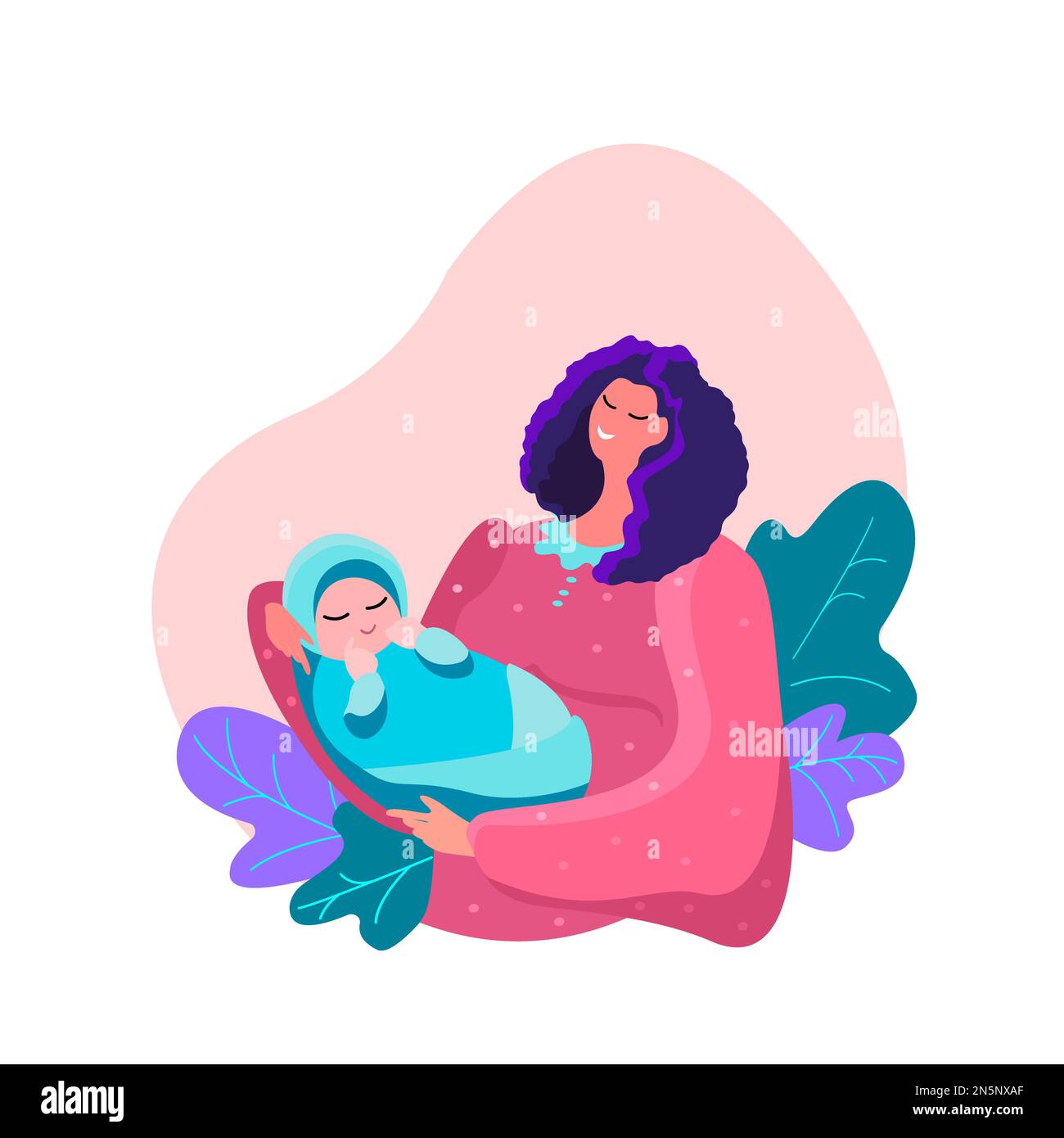 Happy woman holding her newborn baby caring and nursing him in hands ...