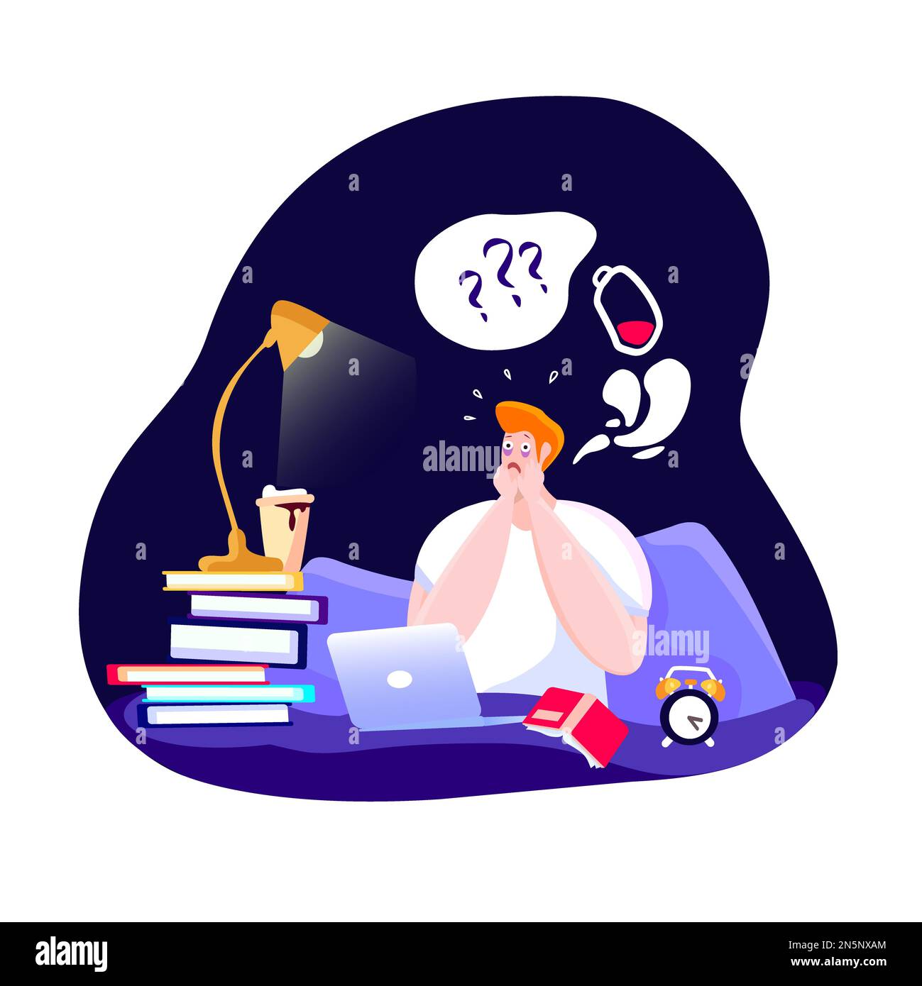 Worried student with insomnia or nightmare sitting in bed at night ...