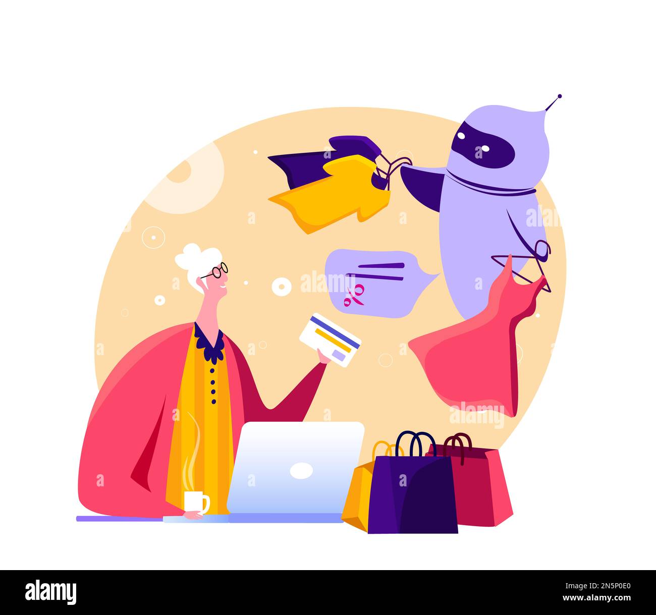 Old lady Shopping Online with help of Chatbot Cyber Robot. Sale ...