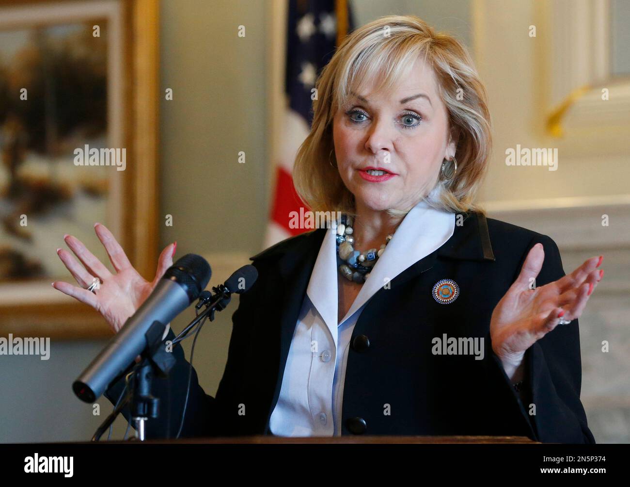 Oklahoma Governor Mary Fallin gestures as she answers questions about ...