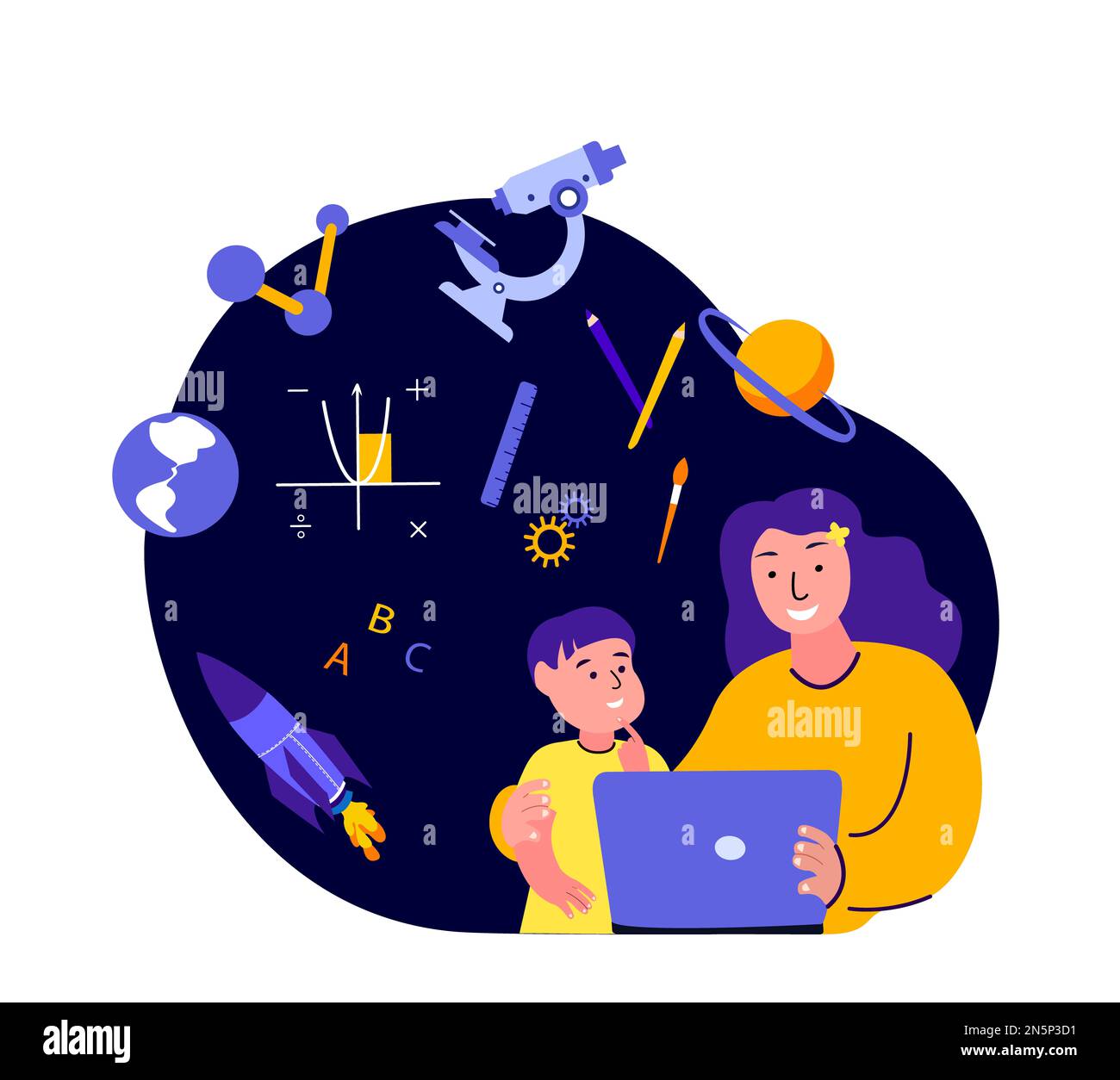 Online Education for Children.Mother,Teacher and Son Student Kid Study ...