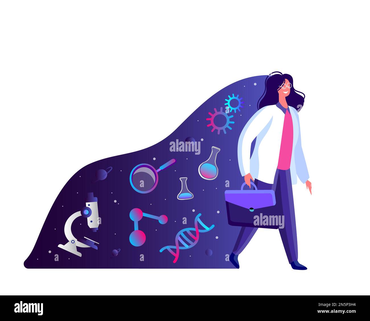 Female Scientist In Lab Coat Walking In Laboratory Space Tail Of