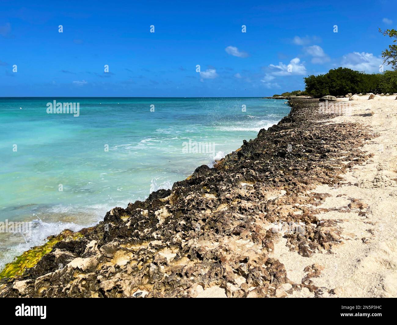Volcanic rock along the shoreline, Eagle Beach, Aruba Stock Photo - Alamy