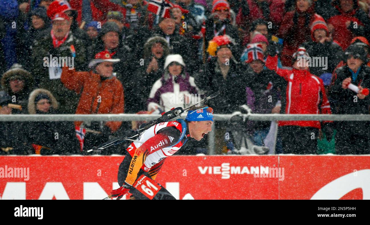 Simon Schempp, of Germany, competes in a men's Biathlon 10 kilometer ...