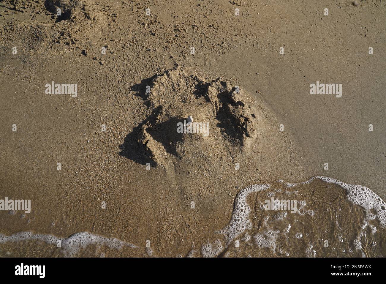 The waves destroy the castle in the sand. Shattered children's hopes ...