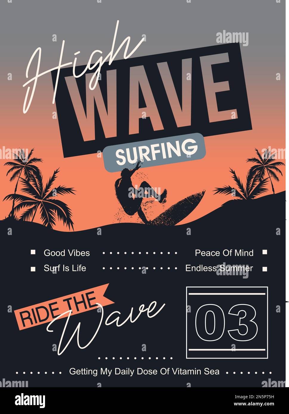 Beach Designs High Wave surfing Gradient Typography Palm tree wave ...