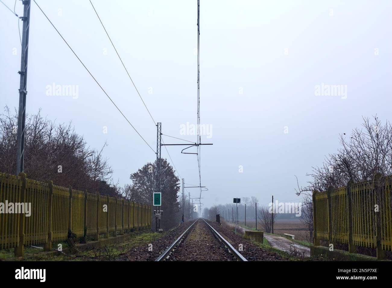 Railroad on an embankment bordered by trees on a misty day in winter ...