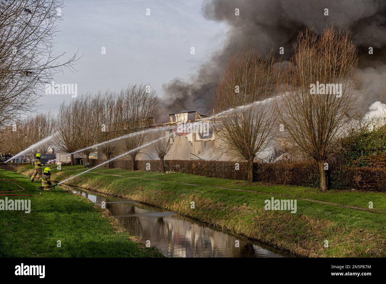 HETEREN, NETHERLANDS - FEBRUARY 9: Large structure fire in Poort van ...