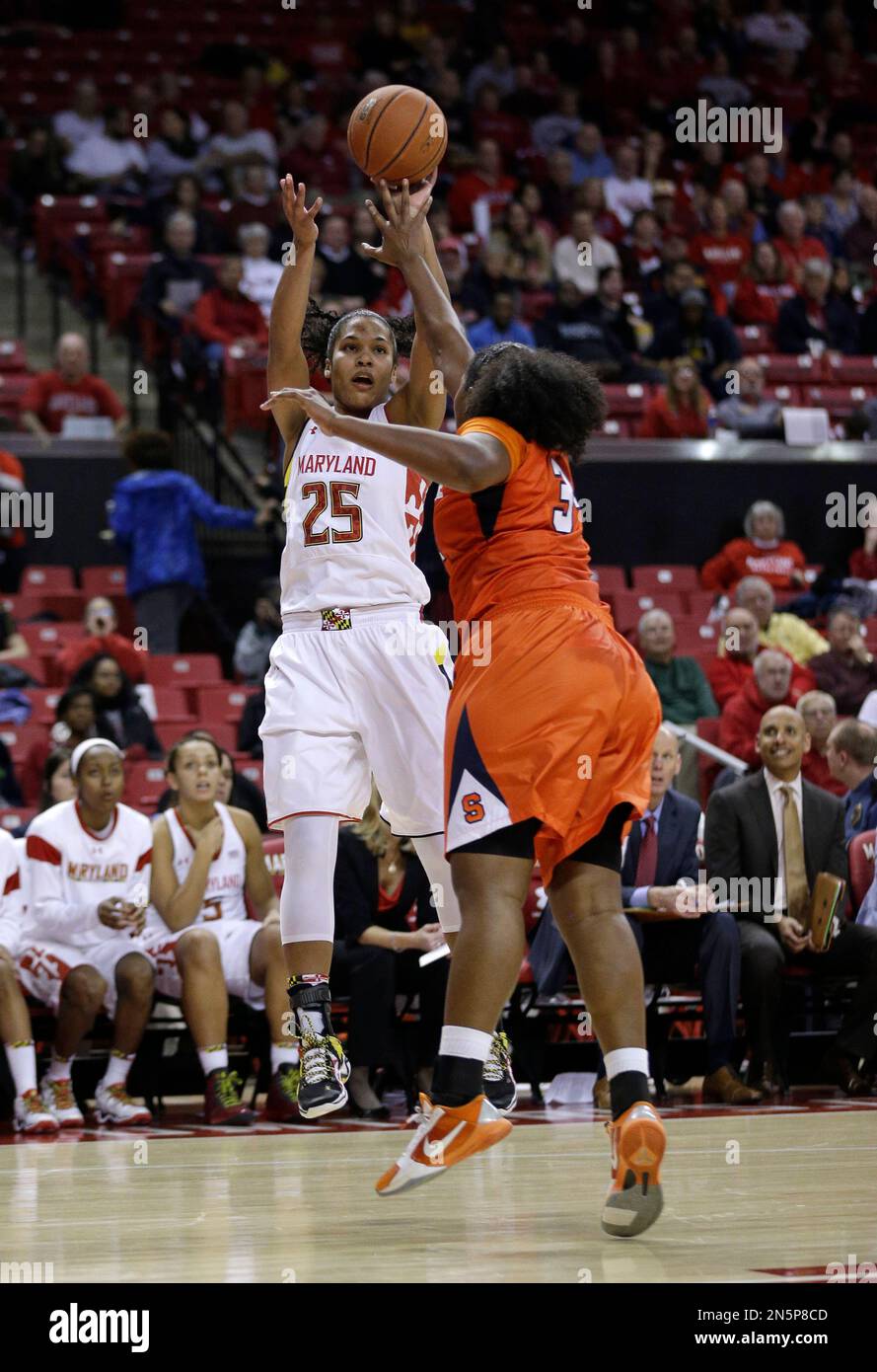 Maryland forward Alyssa Thomas (25) shoots over Syracuse center Shakeya ...