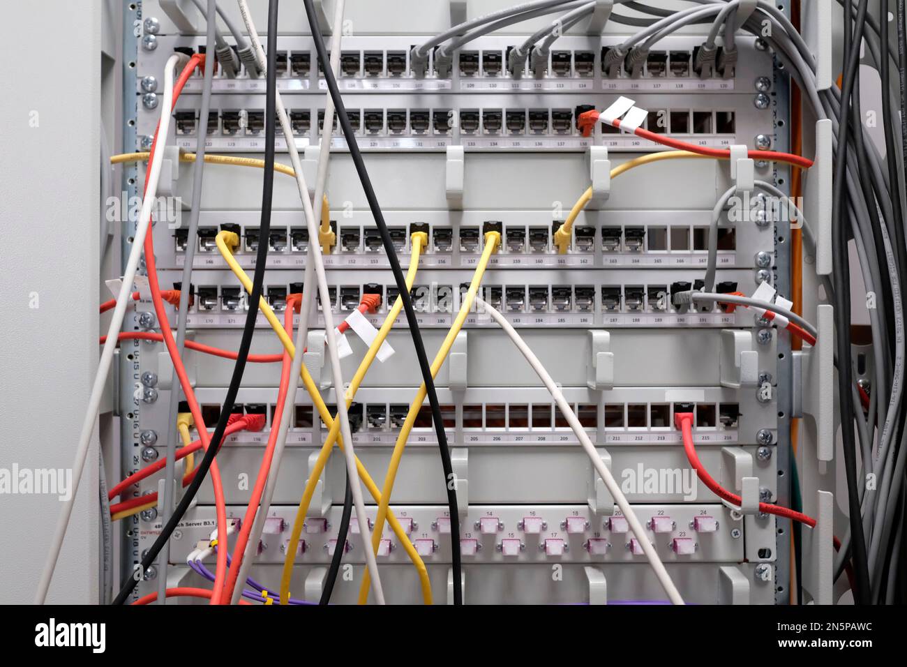 Network technology - multiple colorful cables in an IT and server room ...