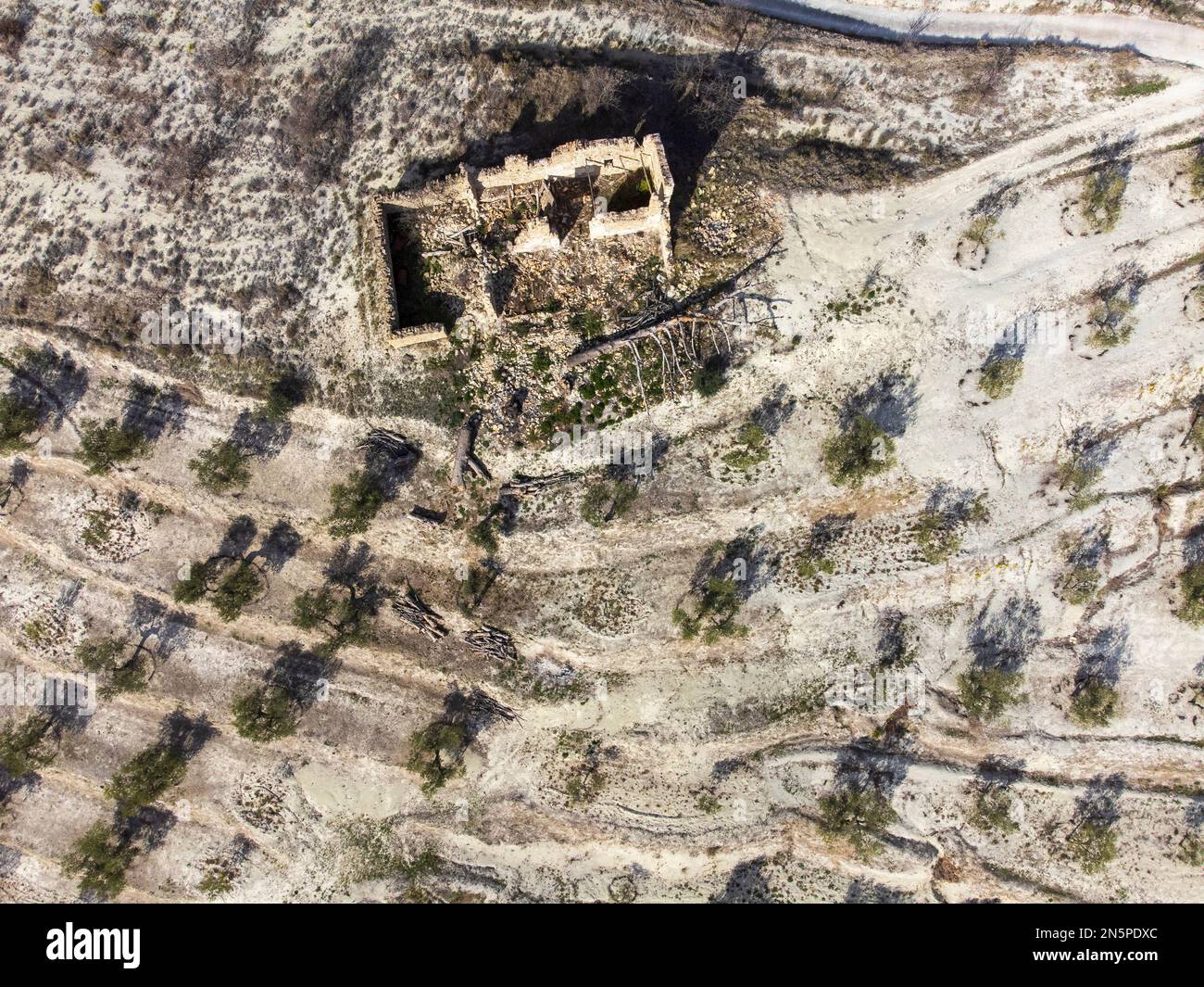 aerial view of farm house in ruins in olive grove near the village of ...