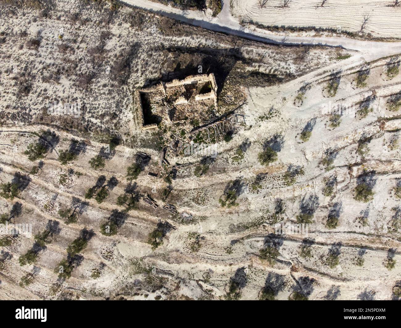 aerial view of farm house in ruins in olive grove near the village of ...