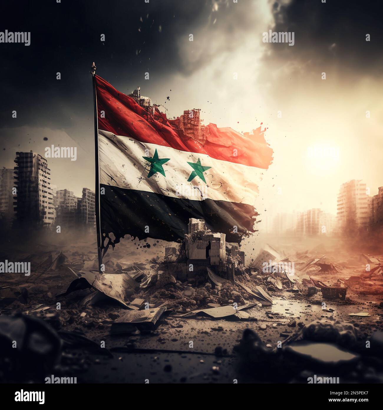 The Syrian flag flies over the state after the earthquake. Ruins ...
