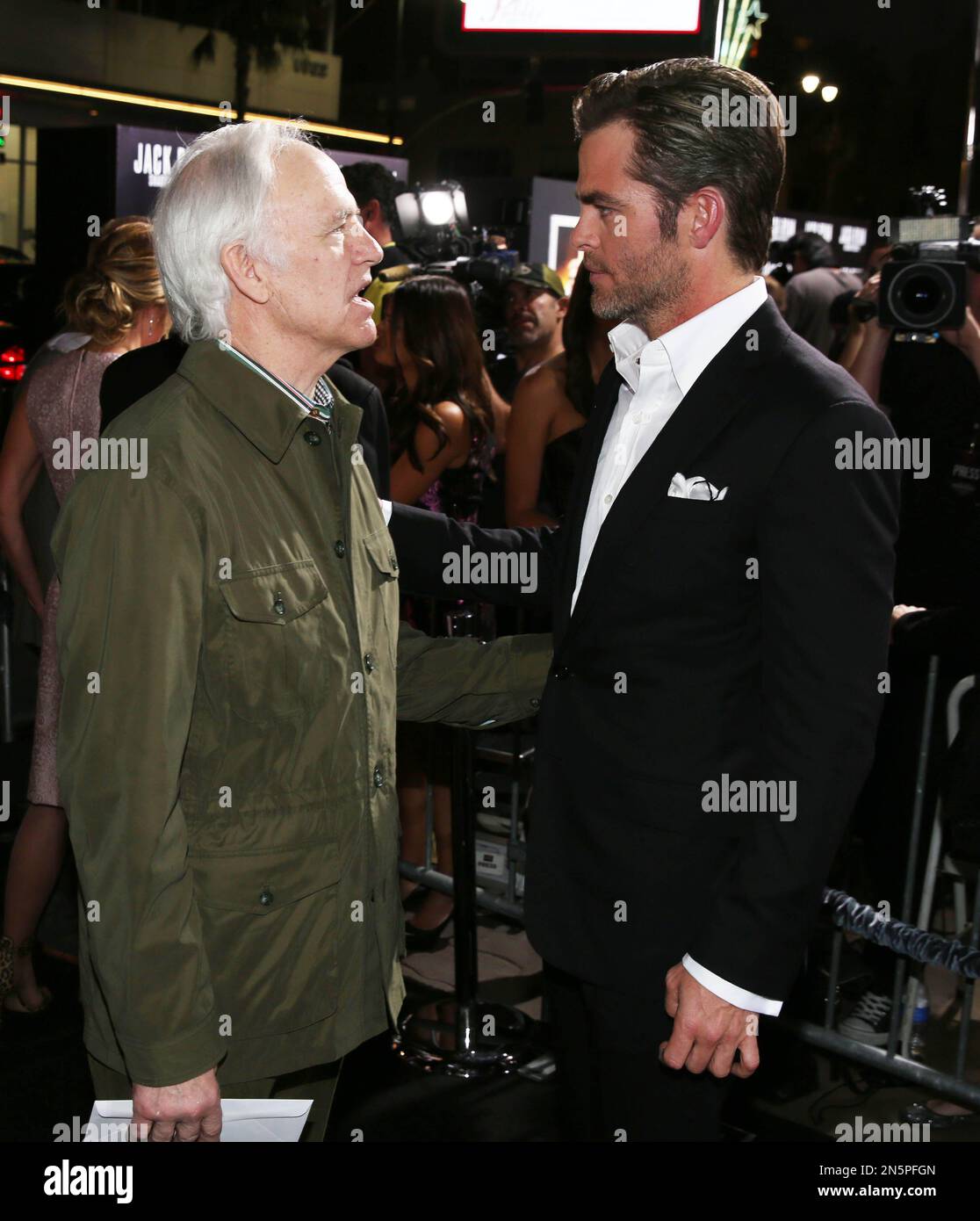 Chris Pine, right, and Robert Pine talk to each other at the premiere ...