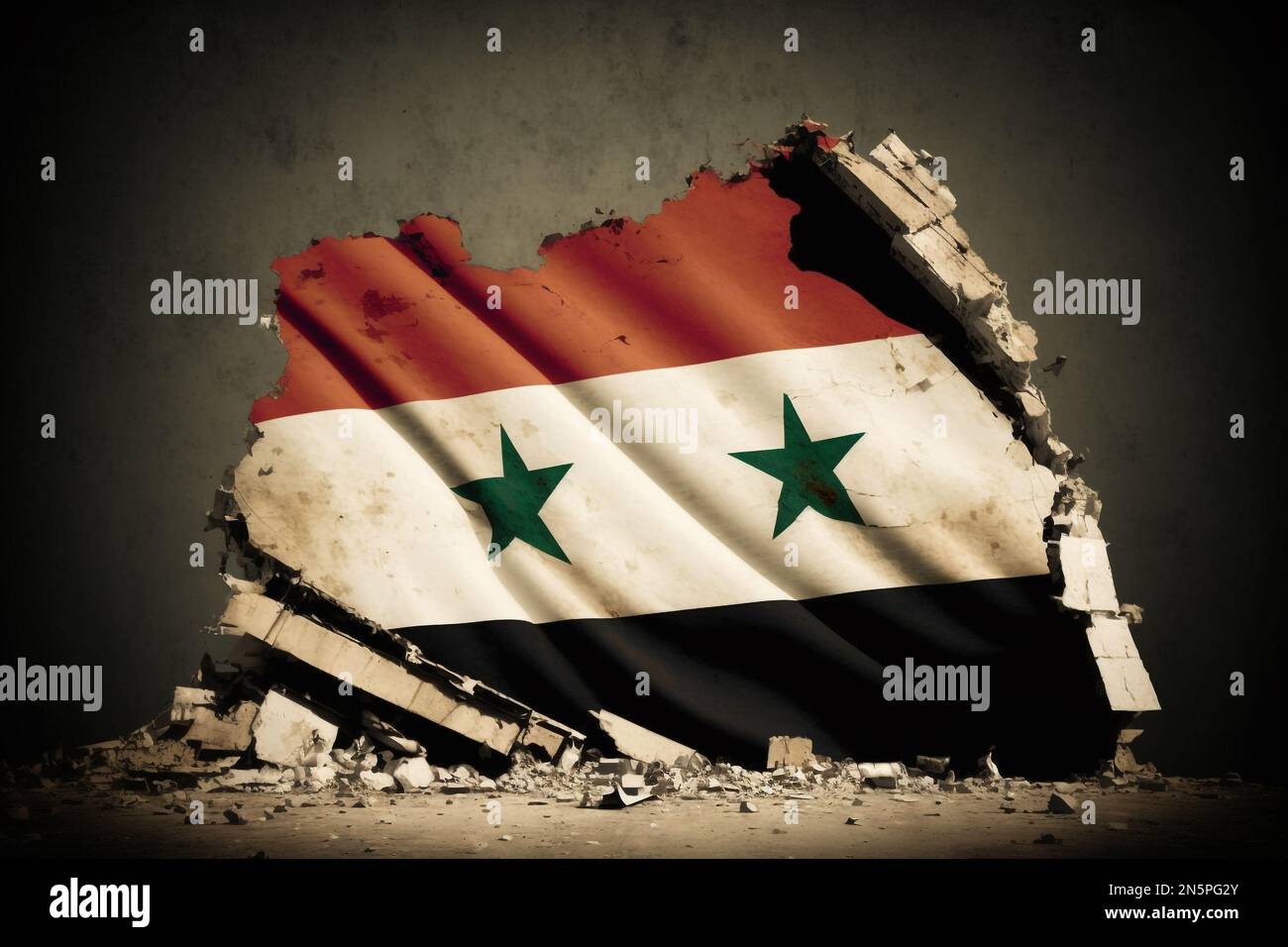 The Syrian flag flies over the state after the earthquake. Ruins ...