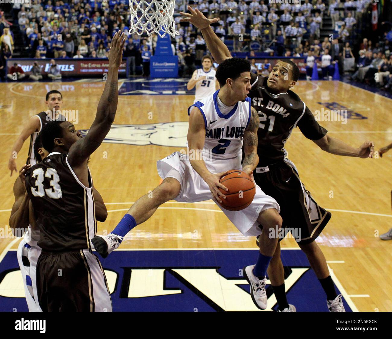 Saint Louis' Austin McBroom (2) looks to pass as St. Bonaventure's ...