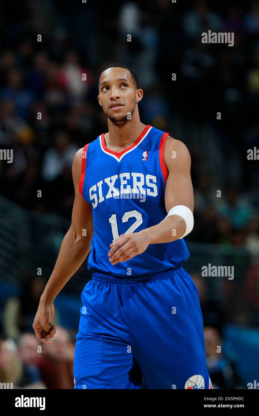 Philadelphia 76ers guard Evan Turner looks on against the Denver ...