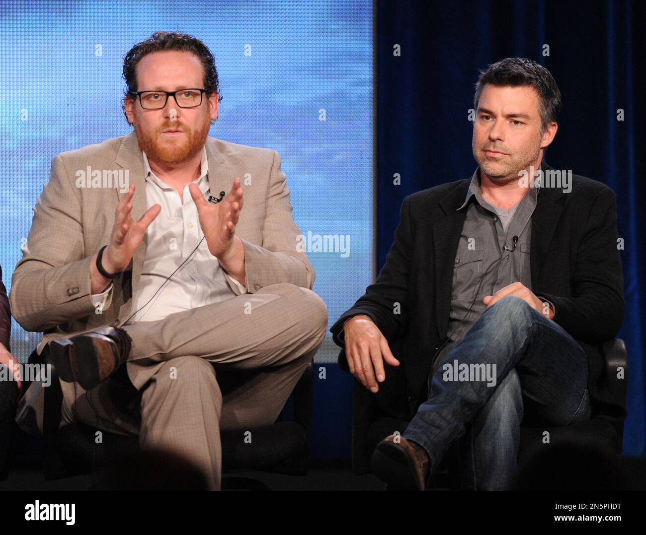 From left, cast member Josh Applebaum and executive producer Andre Nemec participate in the ...