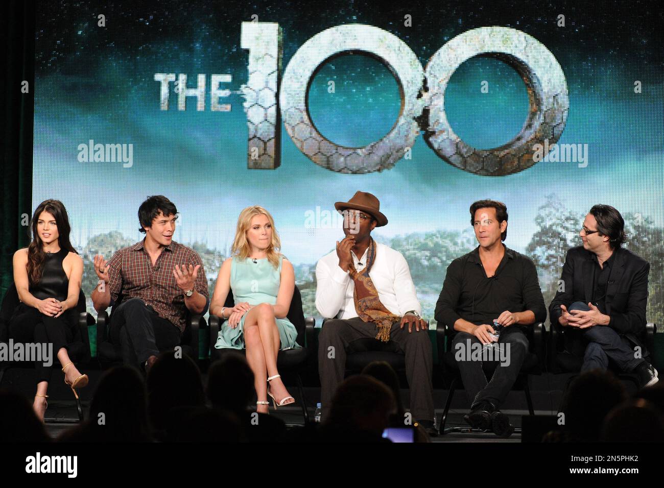 From left, cast members Marie Avgeropoulos, Bob Morley, Eliza Taylor ...