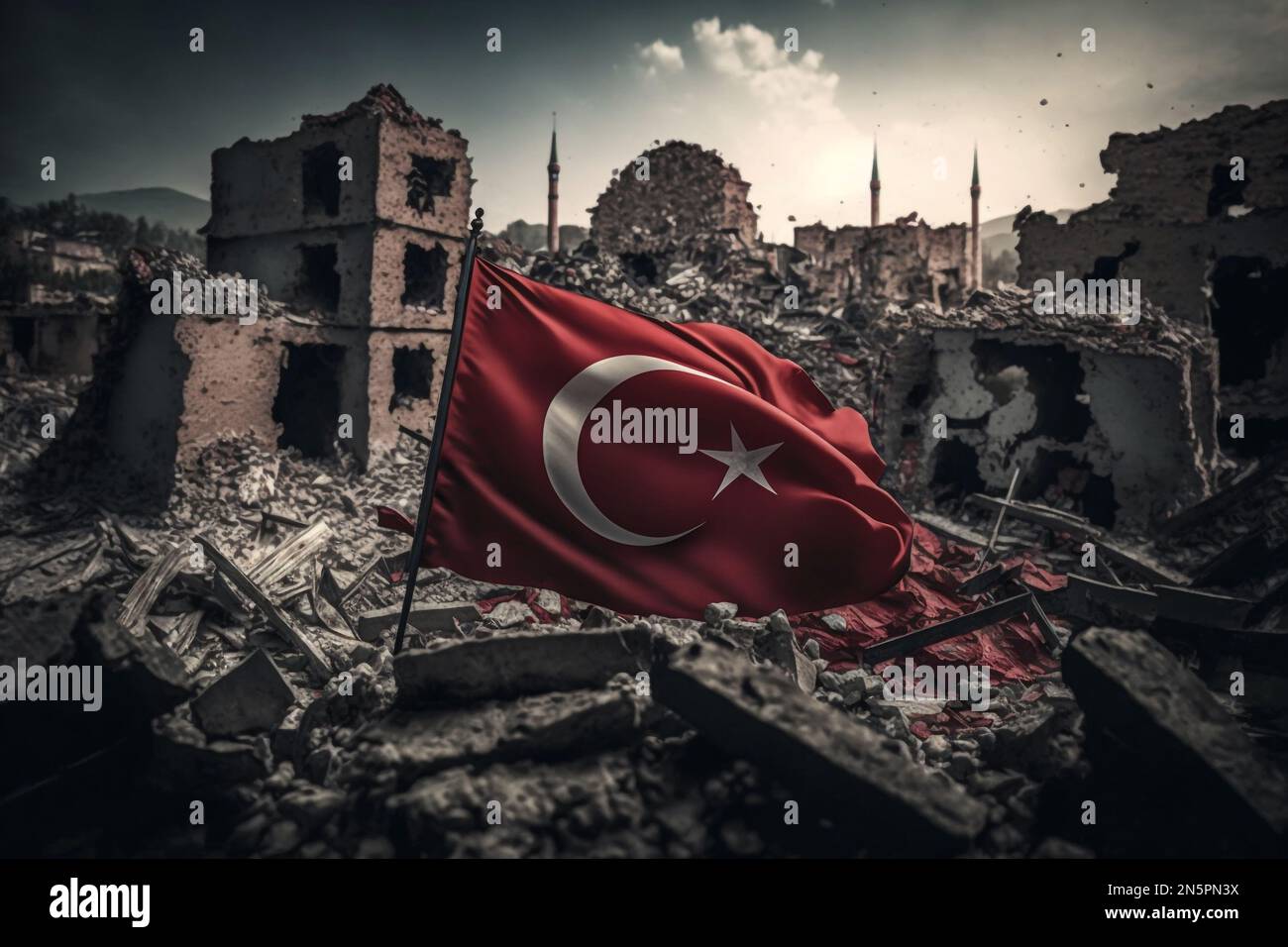 The Turkish flag over the state after the earthquake. Ruins ...