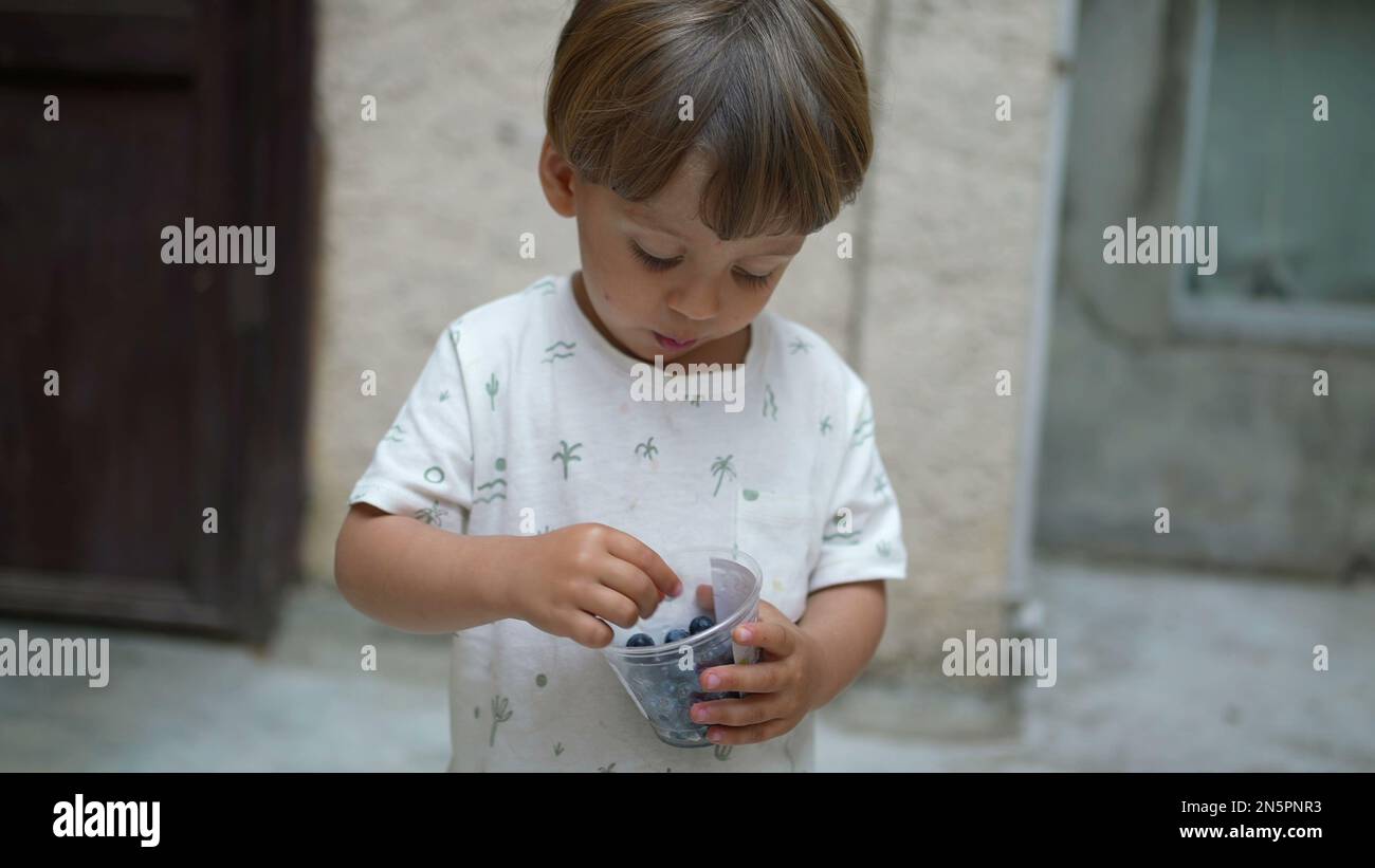 One little boy eating blueberries. Child standing outside snacking ...