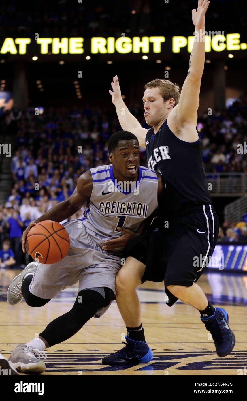 Creighton's Austin Chatman (1) drives around Butler's Jackson Aldridge ...
