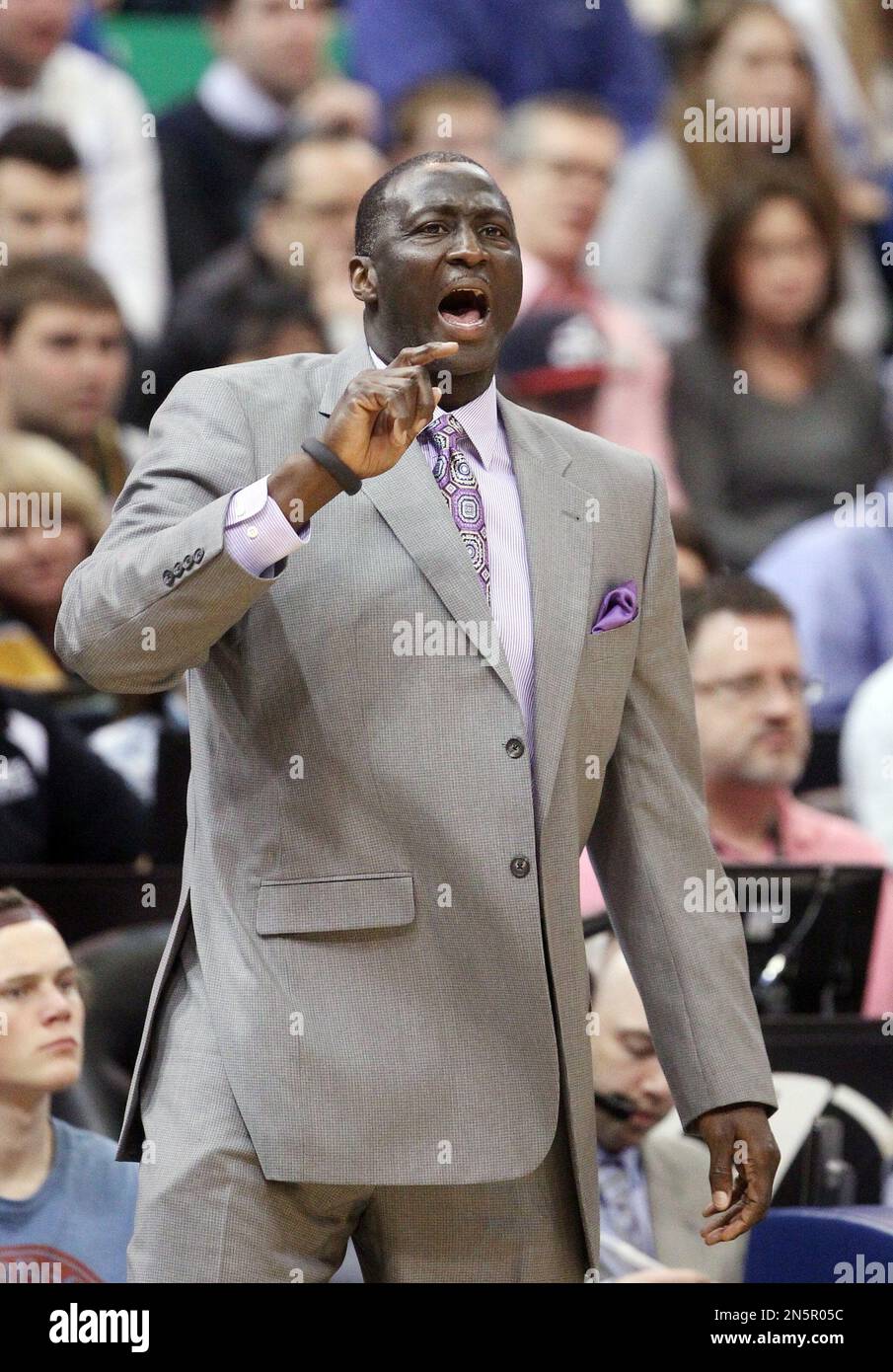 Utah Jazz head coach Tyrone Corbin shouts to his team in the second ...