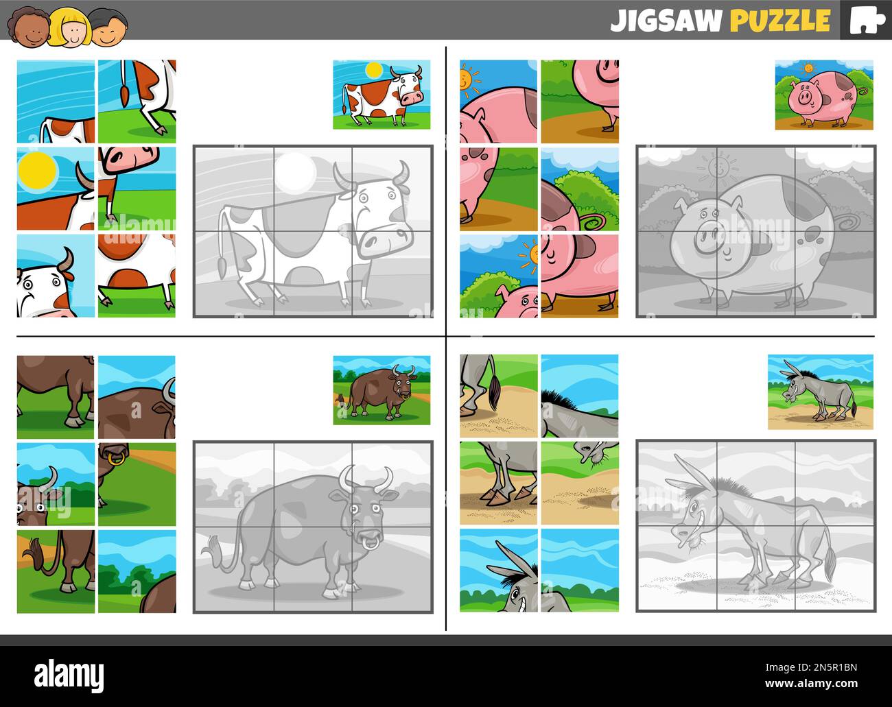 Cartoon illustration of educational jigsaw puzzle games set with farm ...