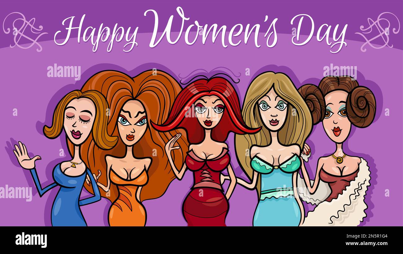Women's Day greeting card design with comic women characters group ...