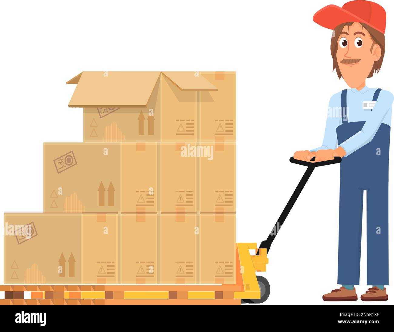 Warehouse worker carrying cardboard boxes on warehouse cargo cart Stock ...