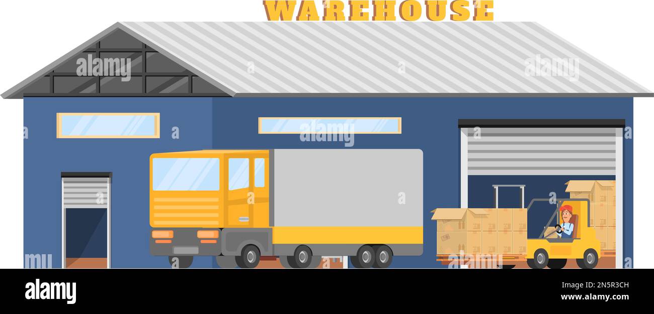 Warehouse building with cars and workers. Industrial storage Stock ...