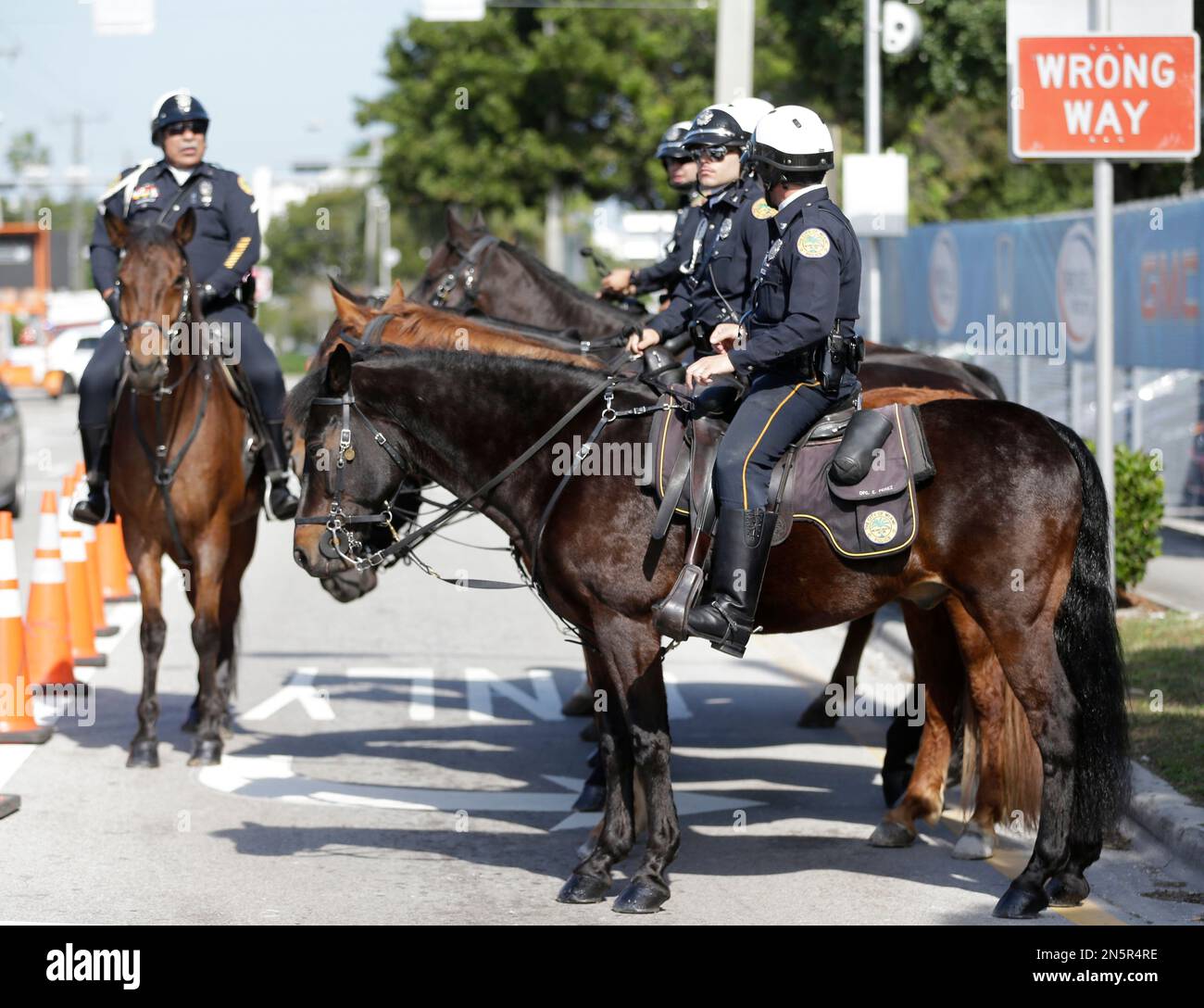 City of Miami Mounted Patrol police officers prepare before the start ...