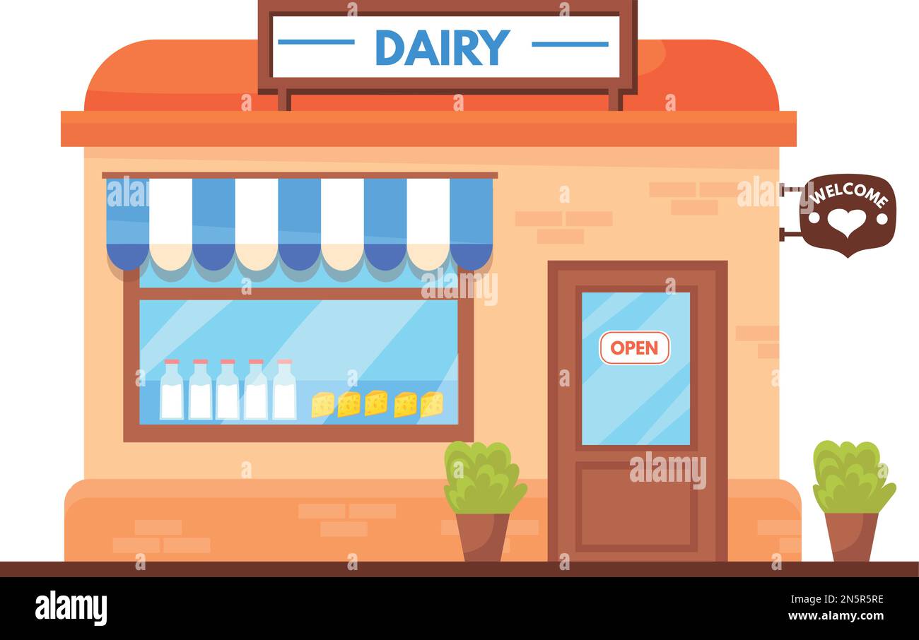Dairy store facade. Cartoon grocery shop building isolated on white ...