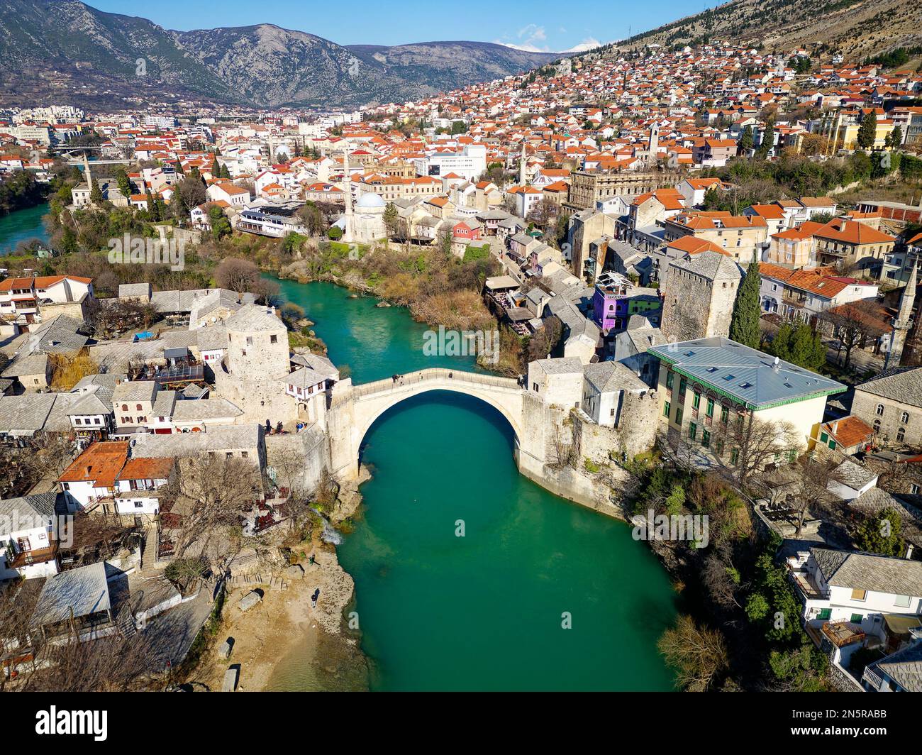 Aerial drone view of the Old Bridge in Mostar city in Bosnia and ...