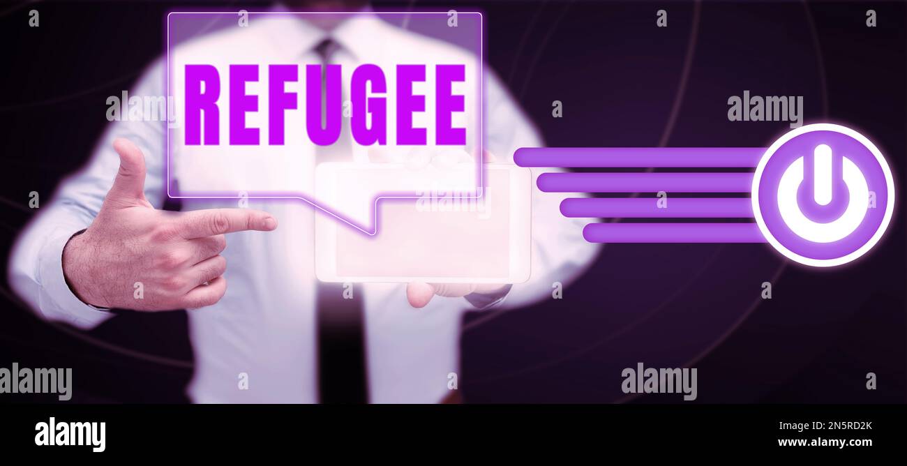 Handwriting text Refugee. Word for refer to movements of large groups ...