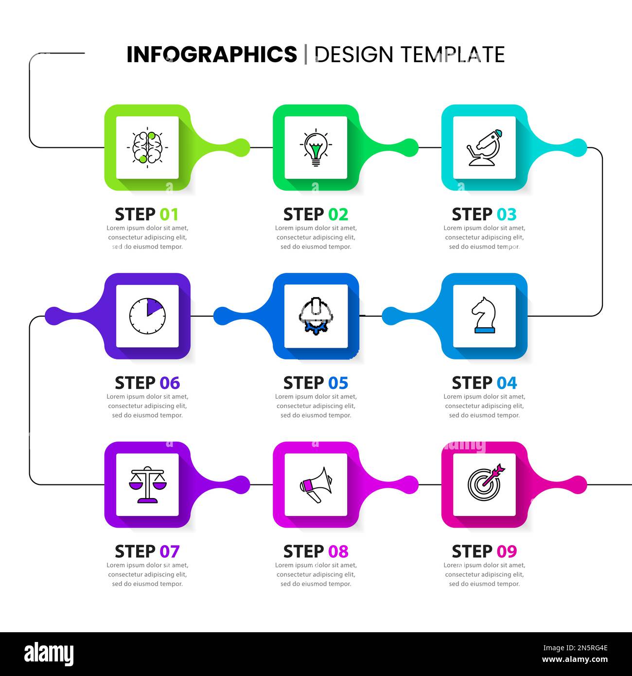 Infographic template with icons and 9 options or steps. Timeline. Can be used for workflow ...