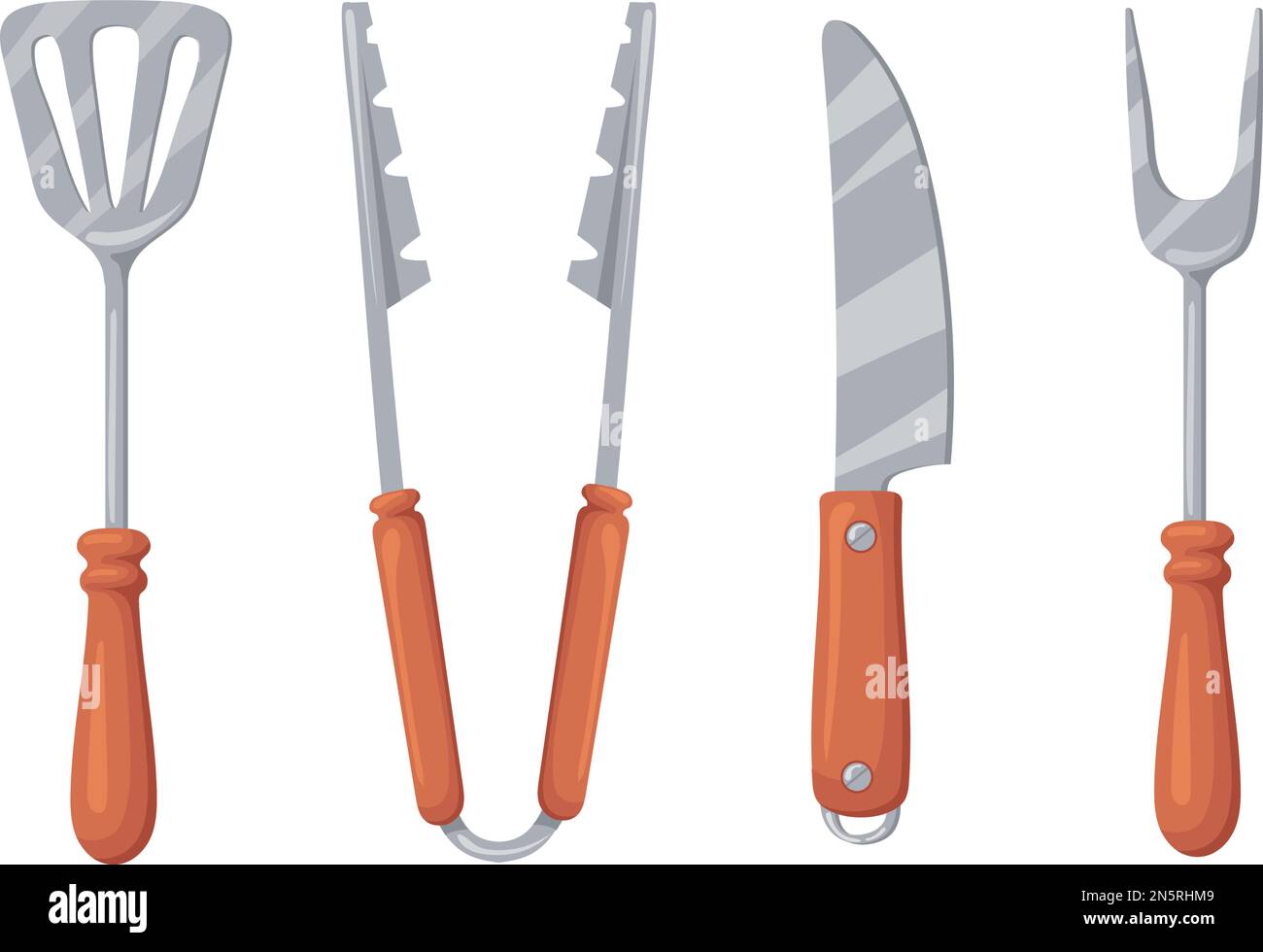 Grill tools set. Cartoon summer barbecue equipment isolated on white ...