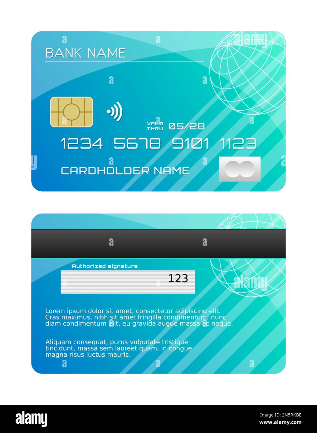 Detailed shiny credit card template. Both front and back side of debit card. Smart credit card ...