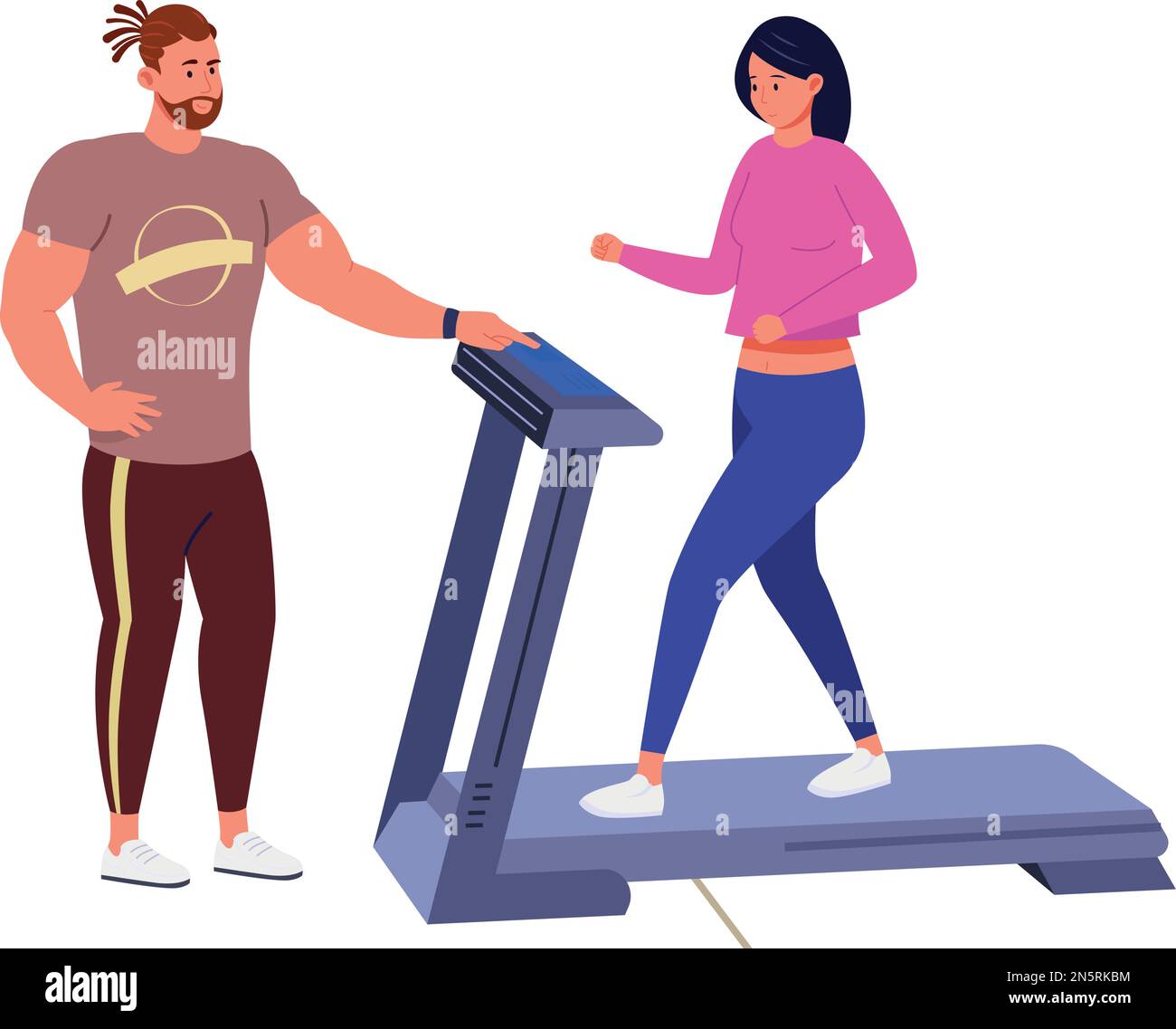 Man training woman running on treadmil. Cardio workout isolated on ...