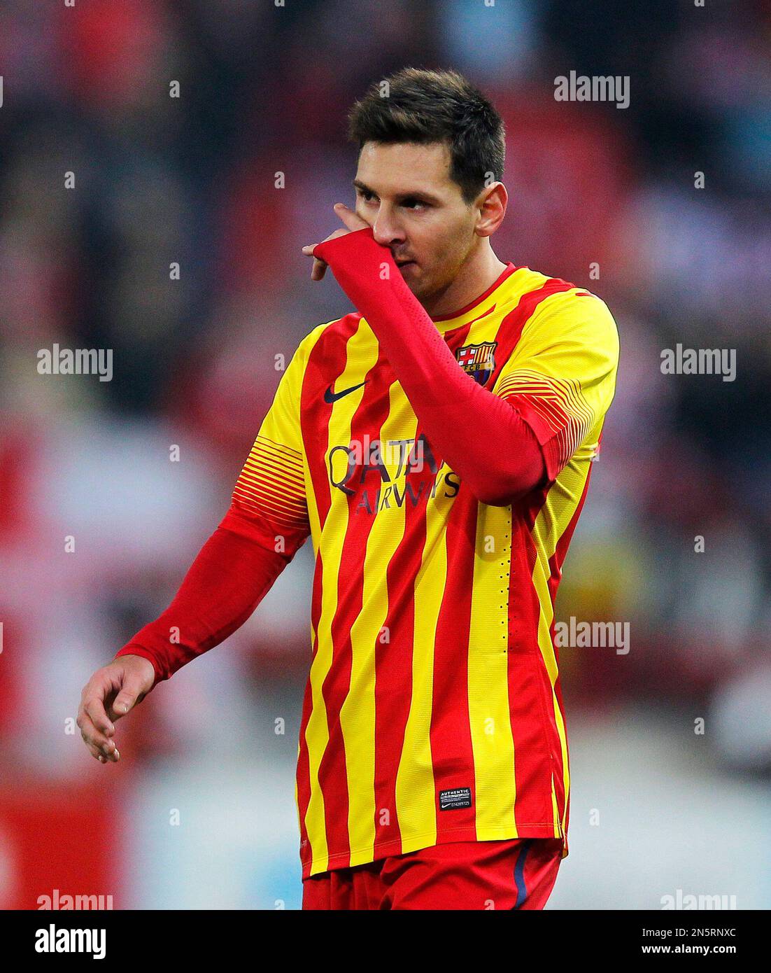 Barcelona's Lionel Messi from Argentina gestures during a Spanish La ...