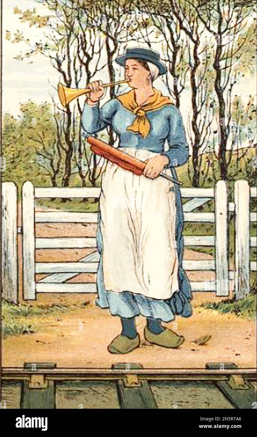 A 19th century female railway crossing keeper in France wearing ...