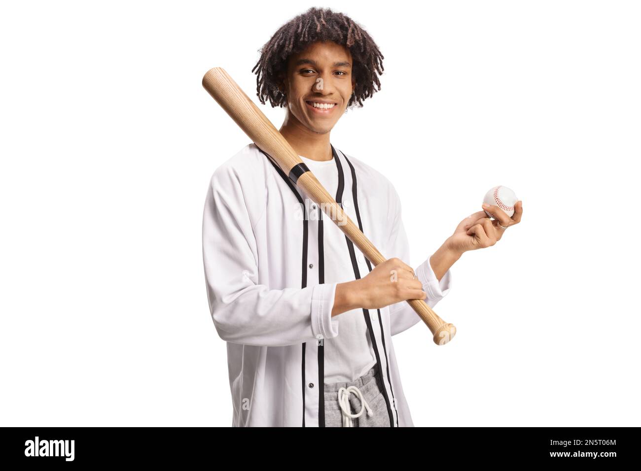 African american guy holding a baseball bat and a ball isolated on ...