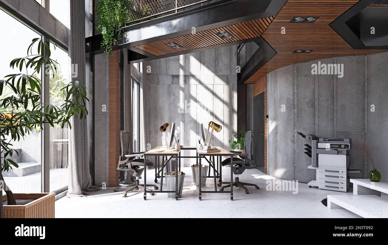 Modern office . Loft style . 3D Render Stock Photo - Alamy