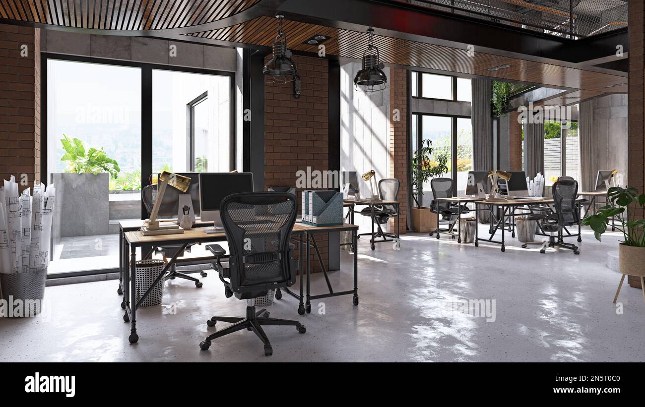 Modern office . Loft style . 3D Render Stock Photo - Alamy